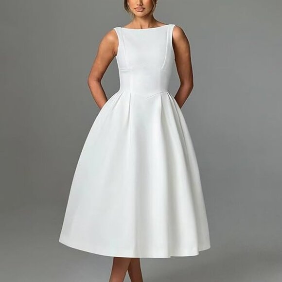 Dresses | Satin Midi Prom Dresses Tea Length Scoop Back A Line Formal ...
